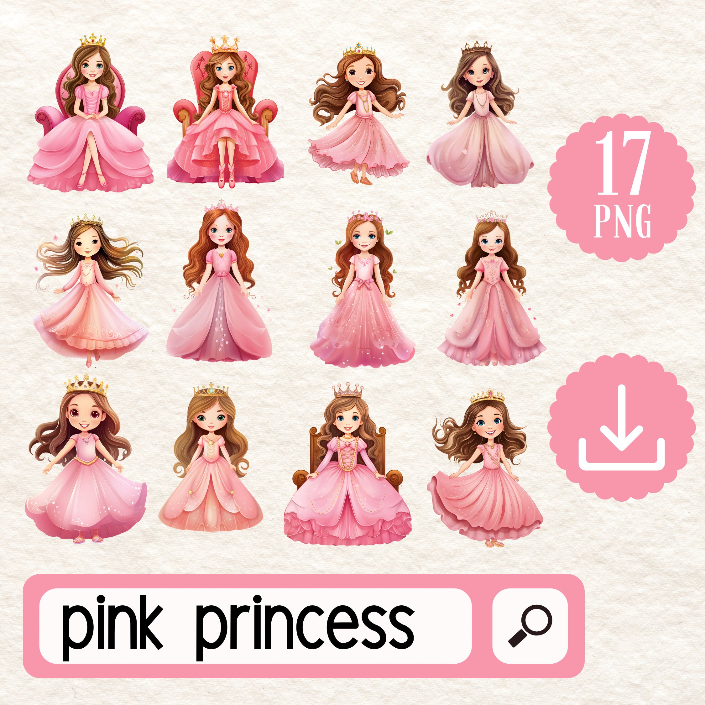Pink Dress Princess Girls Clipart Set. 17 PNG Cute Princess. Girls ...