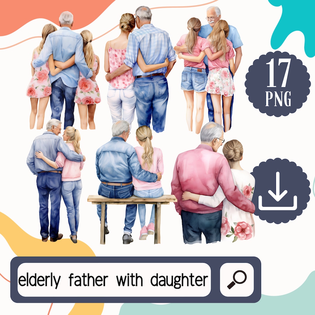 Elderly Father and Daughter Clipart PNG, 17 Watercolor Father and Girl ...