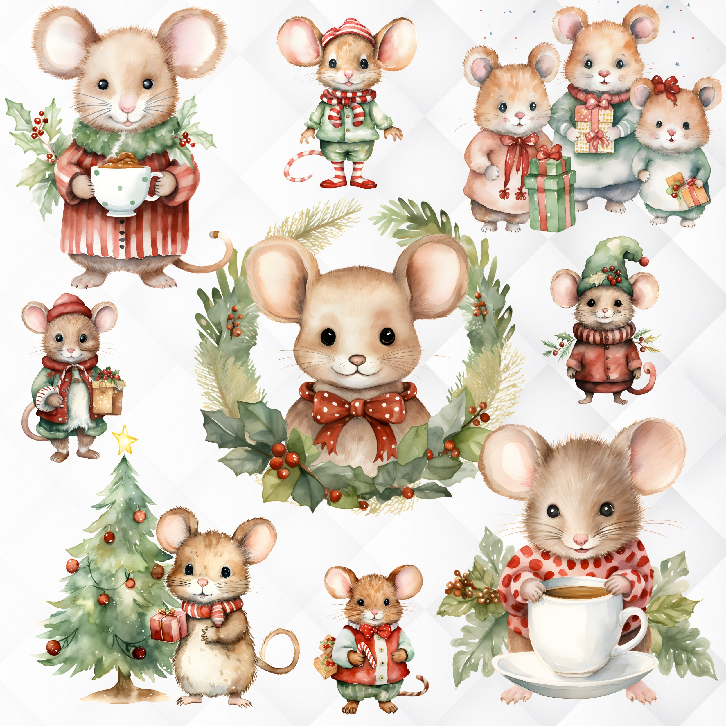 Watercolor Christmas Mice Clipart. 35 Christmas Mice PNG. Cute ...