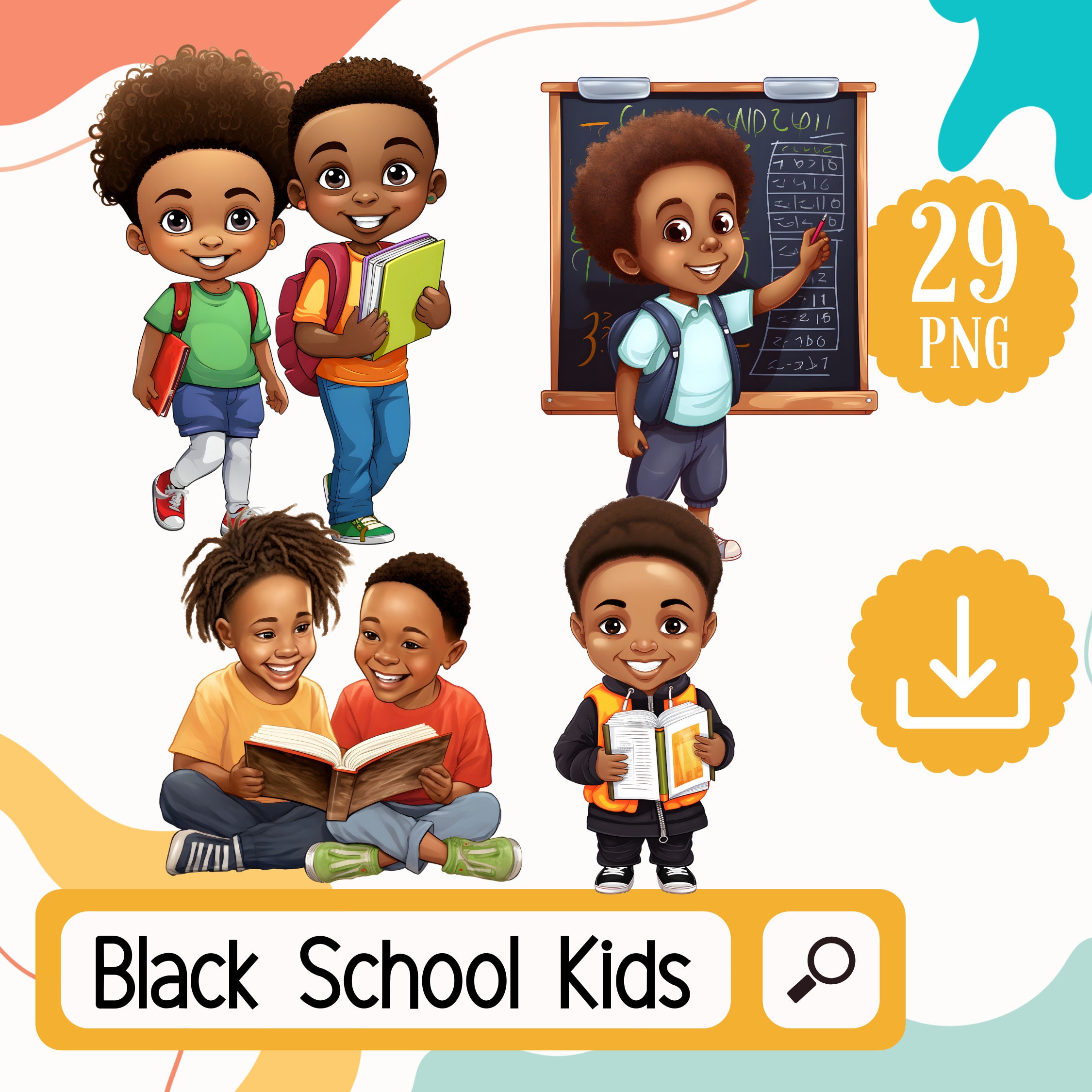 Black Kids School Activities Clipart Set - 29 PNG Black Students in ...