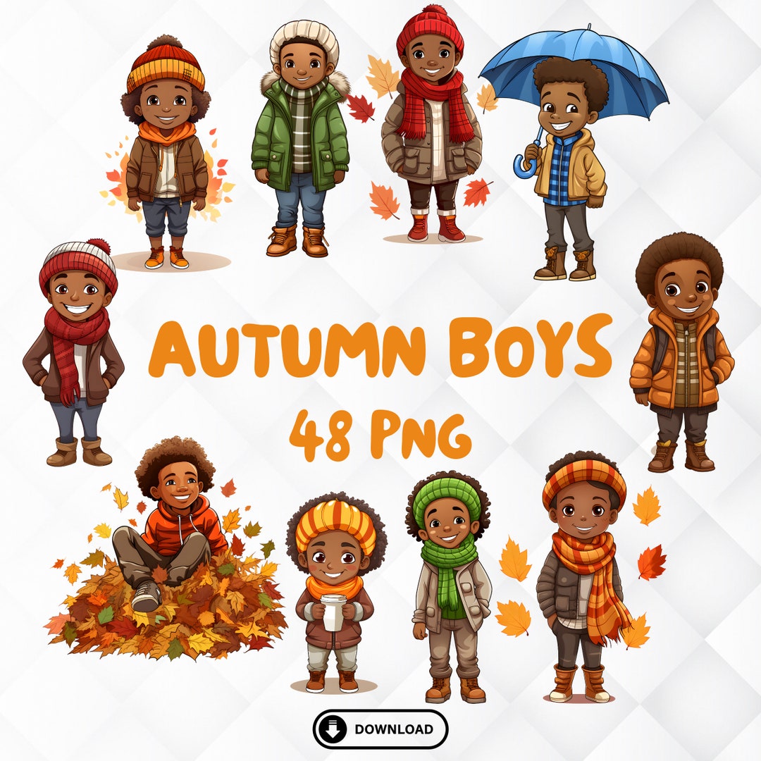 Autumn Fall African American Cute Boys Clipart Set. 48 Black Adorable ...