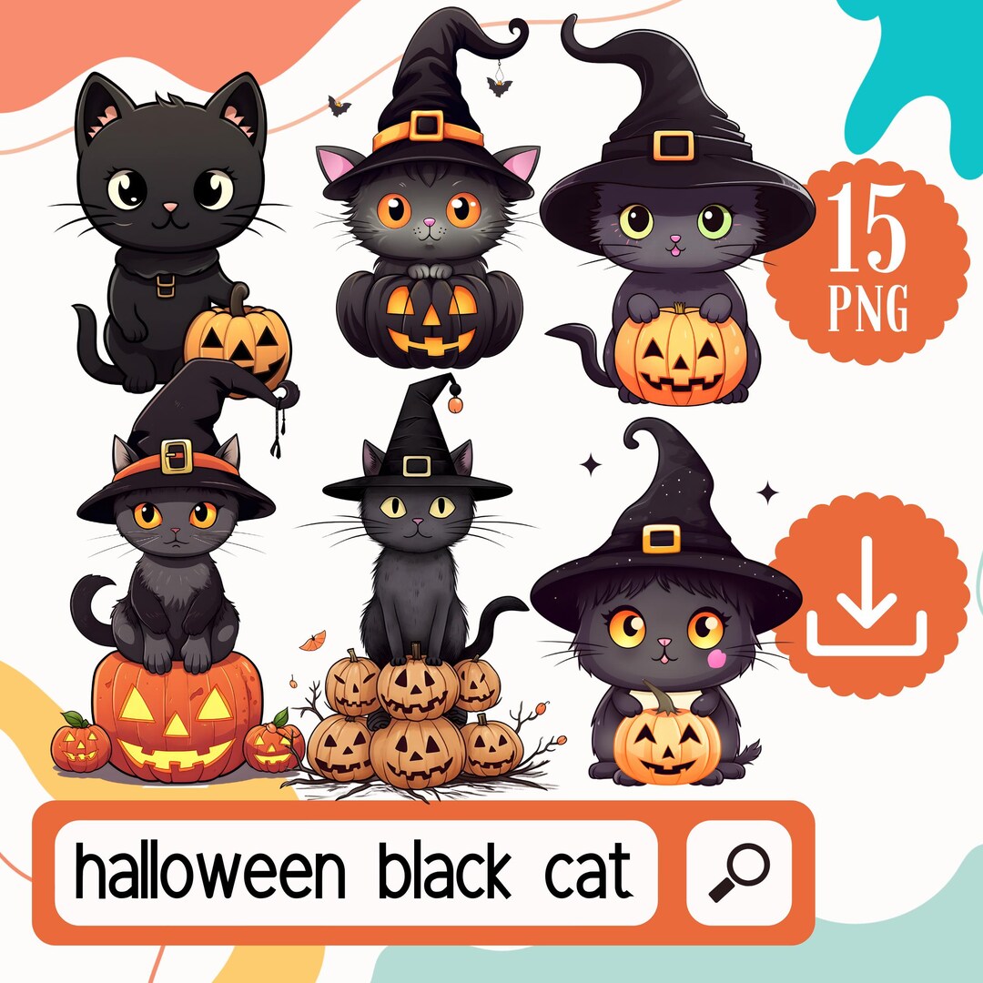Halloween Black Cat Clipart. 15 PNG Cute Halloween Black Cats ...