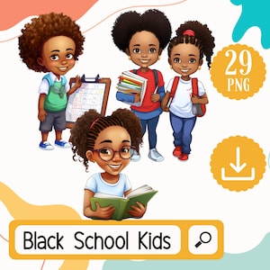 Black Kids School Activities Clipart Set - 29 PNG Black Students in ...