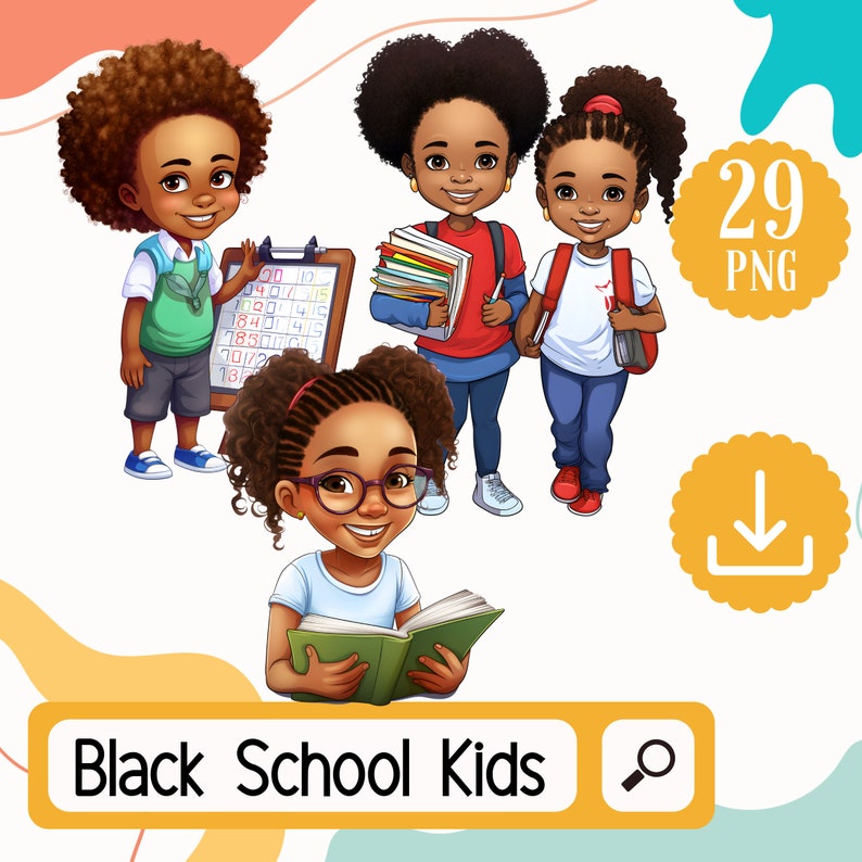 Black Kids School Activities Clipart Set - 29 PNG Black Students in ...
