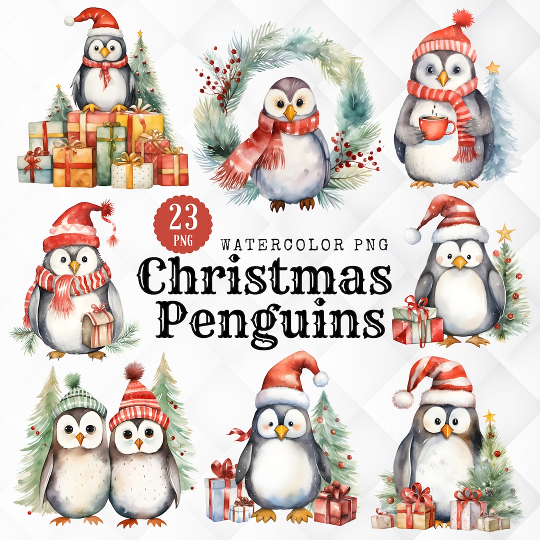 Watercolor Christmas Penguin Clipart. 23 Winter Christmas Penguin PNG ...