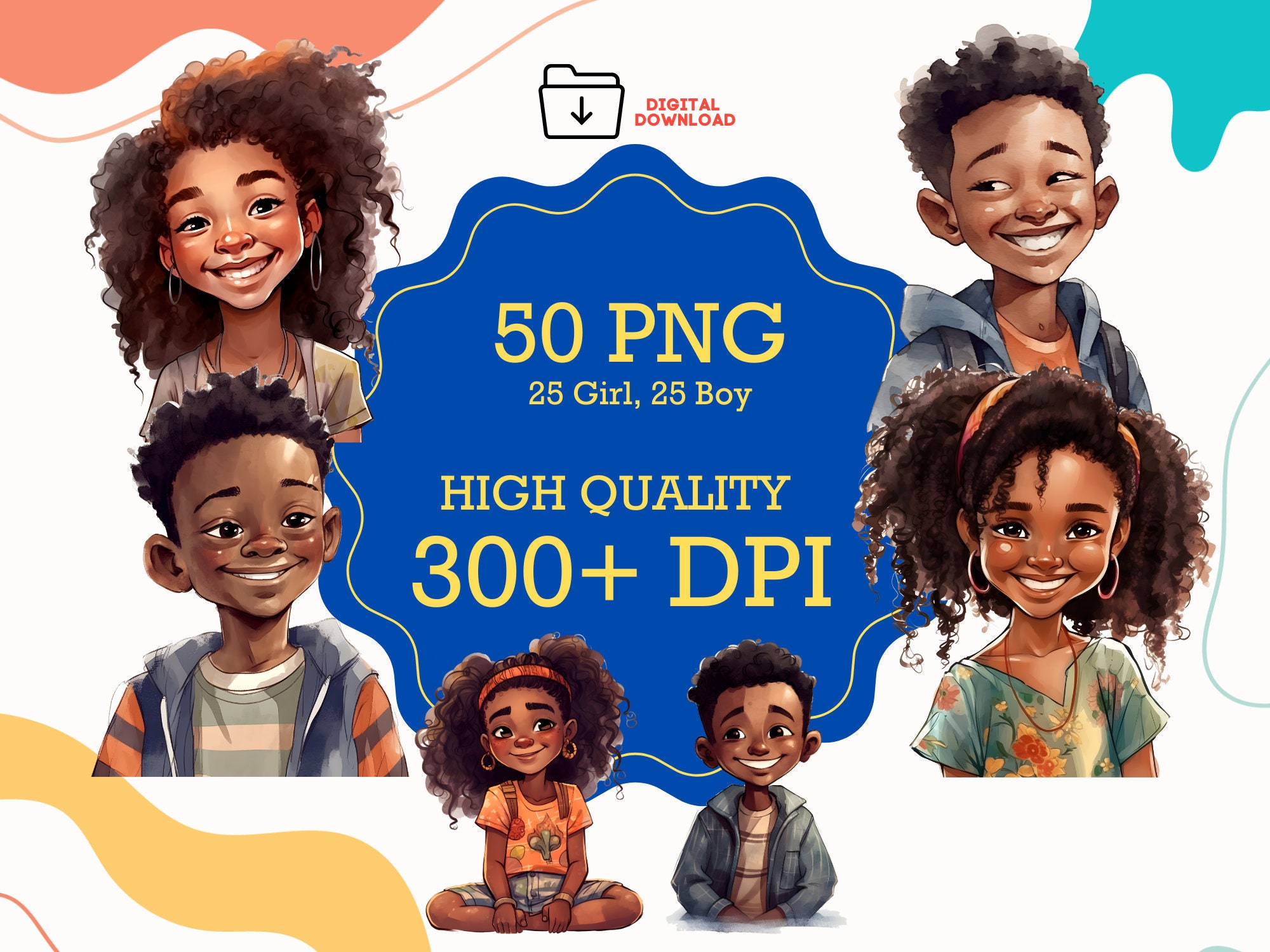 Black Kids Clipart 50 PNG Bundle, 25 Black Girls, 25 Black Boys, 50 ...