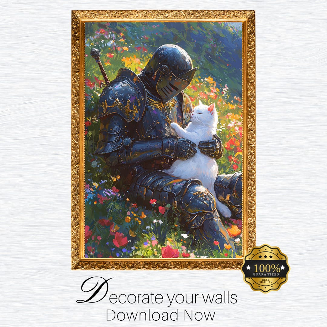 Cat and Knight in a Flower Field Wall Art Digital. Cute Cat and Brave ...