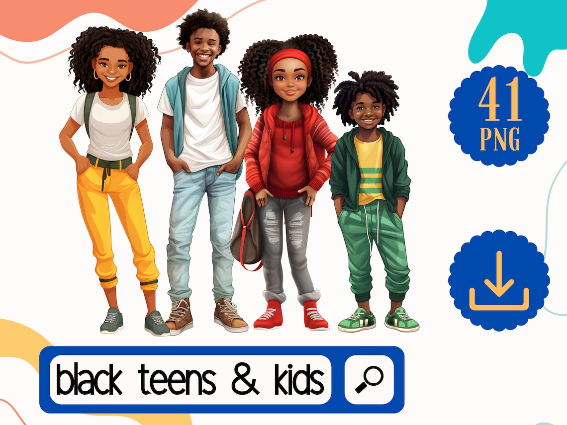 Black Kids and Teens Clipart. 41 Afircan American PNG Kids. Black Girls ...