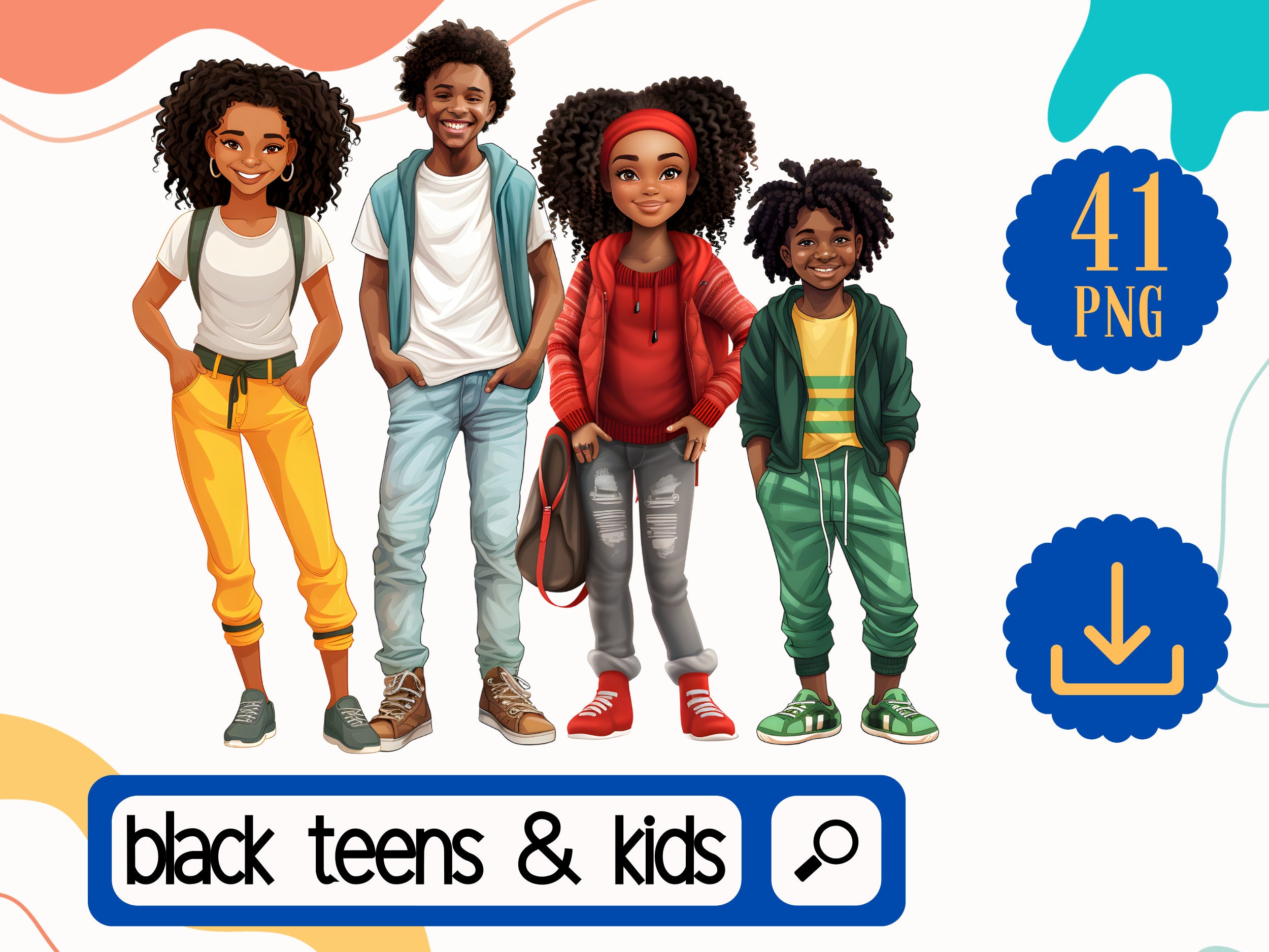 Black Kids and Teens Clipart. 41 Afircan American PNG Kids. Black Girls ...