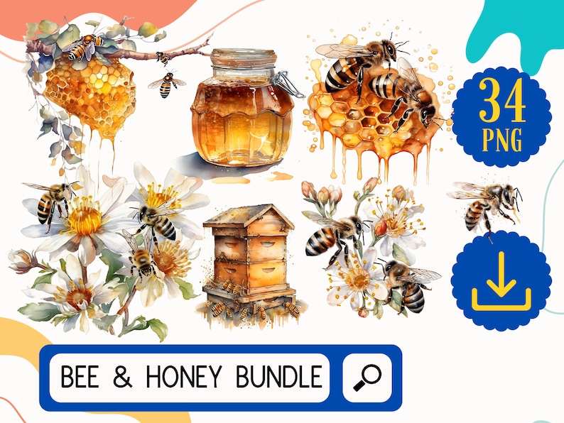 Honey and Bee Clipart Watercolor PNG Bundle, 34 Bee Honeycomb Hive ...