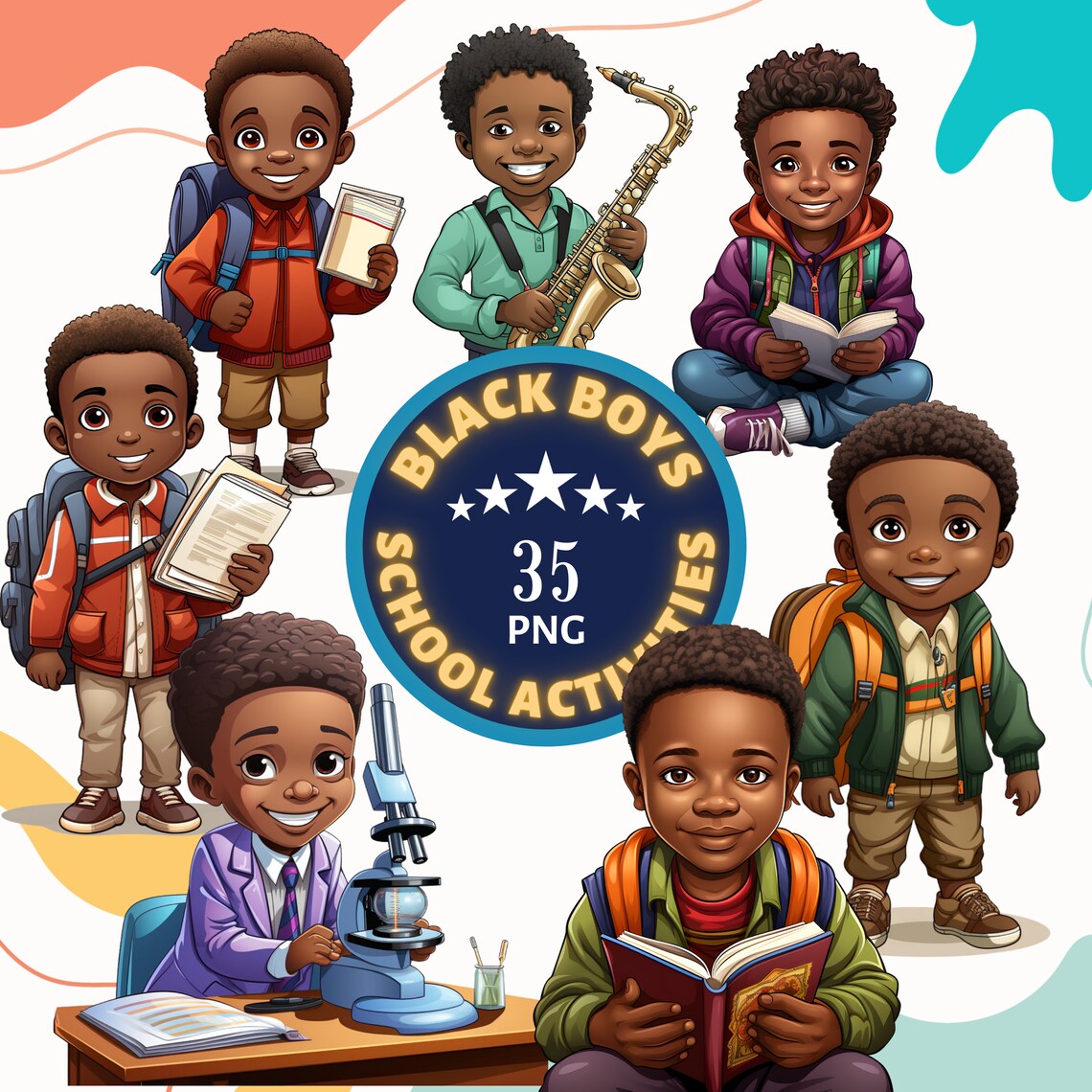 Black Boys School Activities Clipart Set 35 PNG Black Students in Class ...
