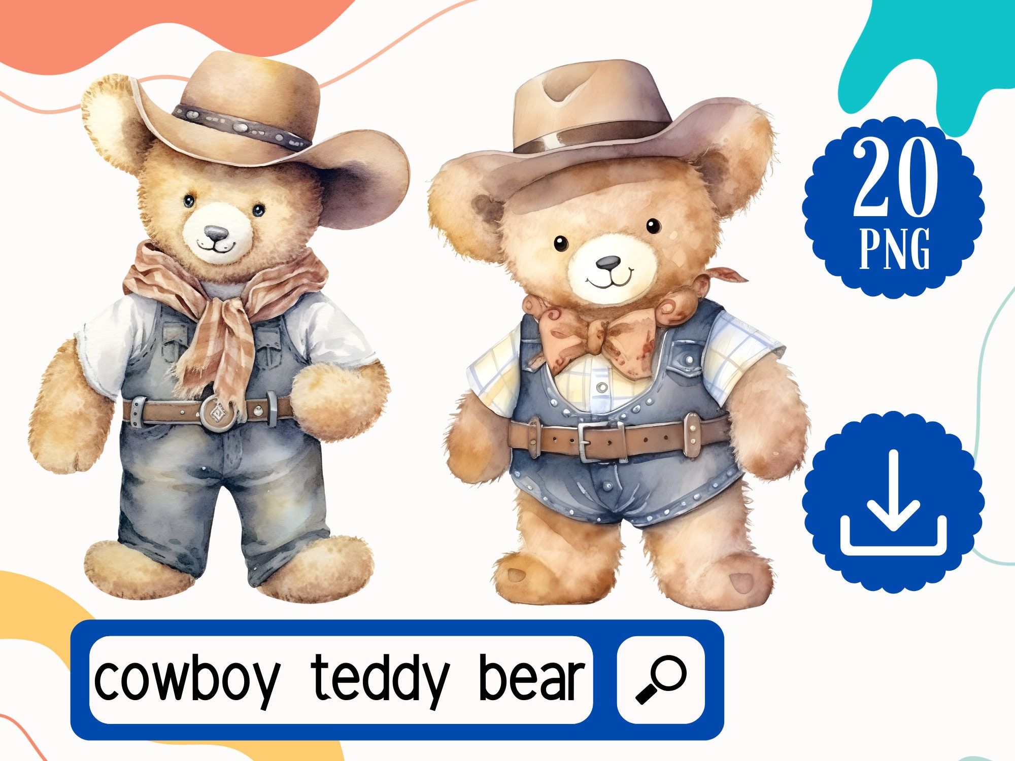 Cowboy Teddy Bear Clipart PNG. Watercolor Teddy Bear Western Cowboy ...