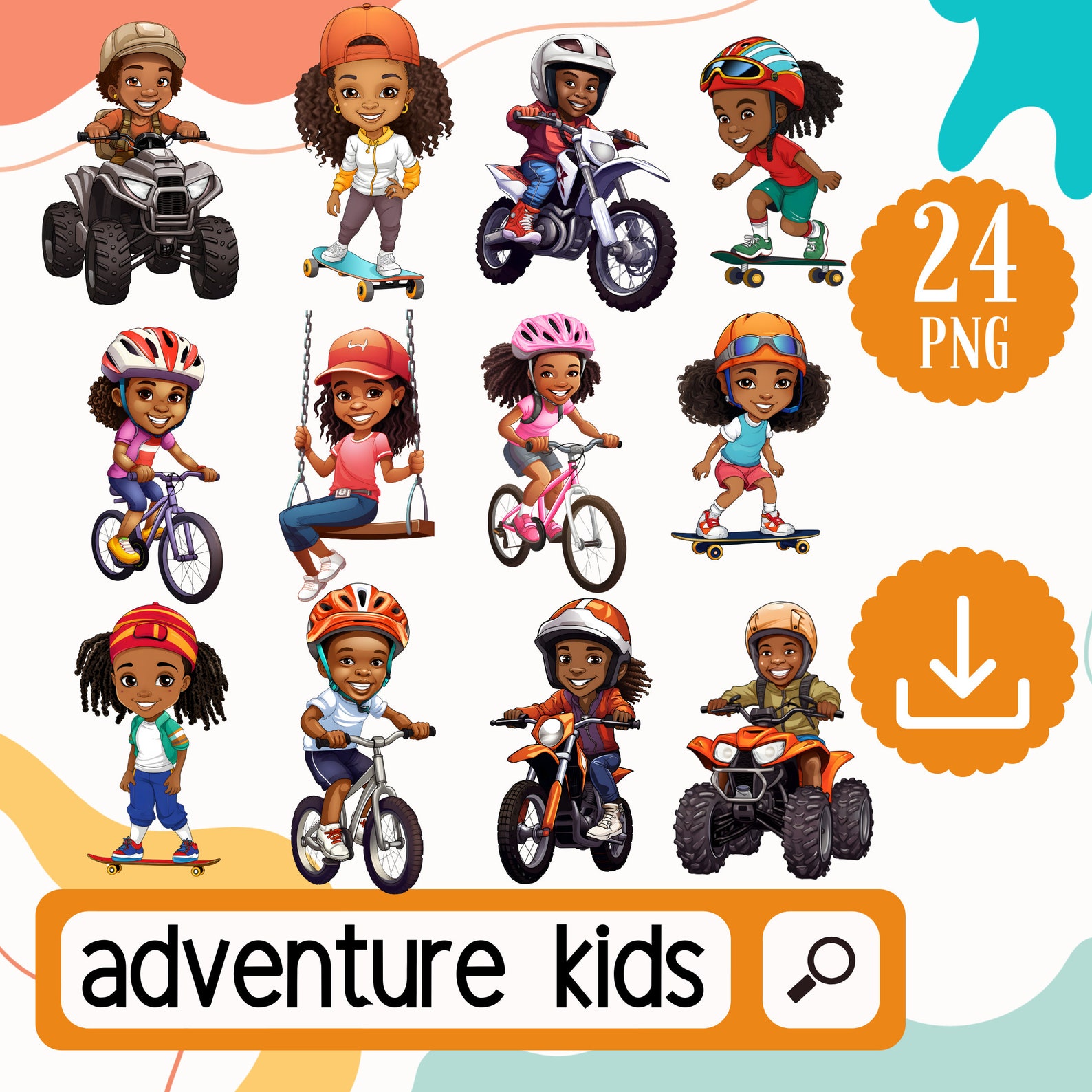 Outdoor Adventure Kids Clipart Bundle - 24 PNG Black Kids in Fun ...
