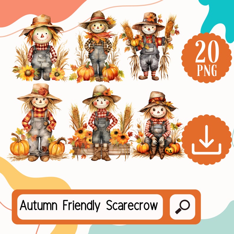 Autumn Scarecrow Clipart. 20 Fall Watercolor Scarecrow PNG Set ...