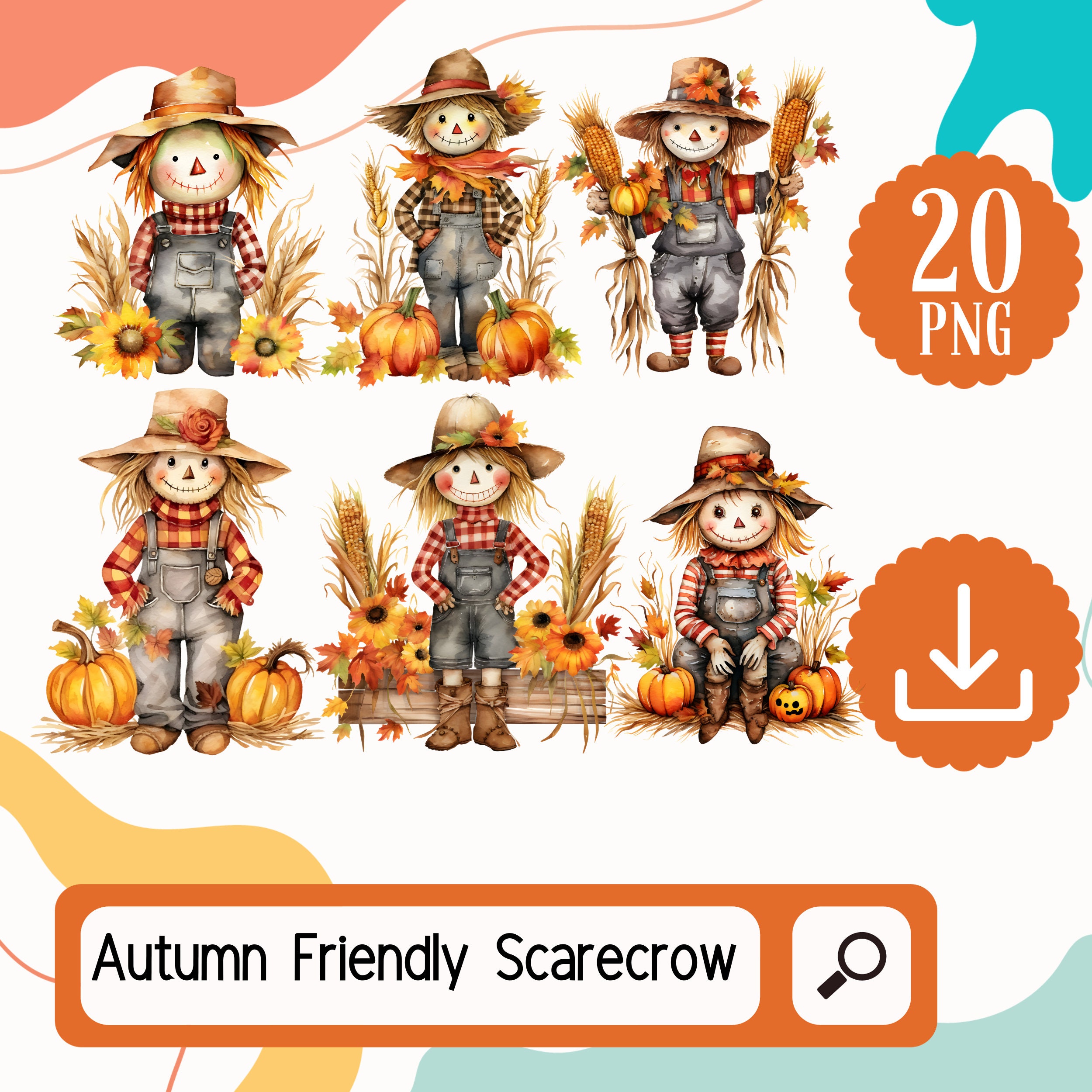 Autumn Scarecrow Clipart. 20 Fall Watercolor Scarecrow PNG Set ...