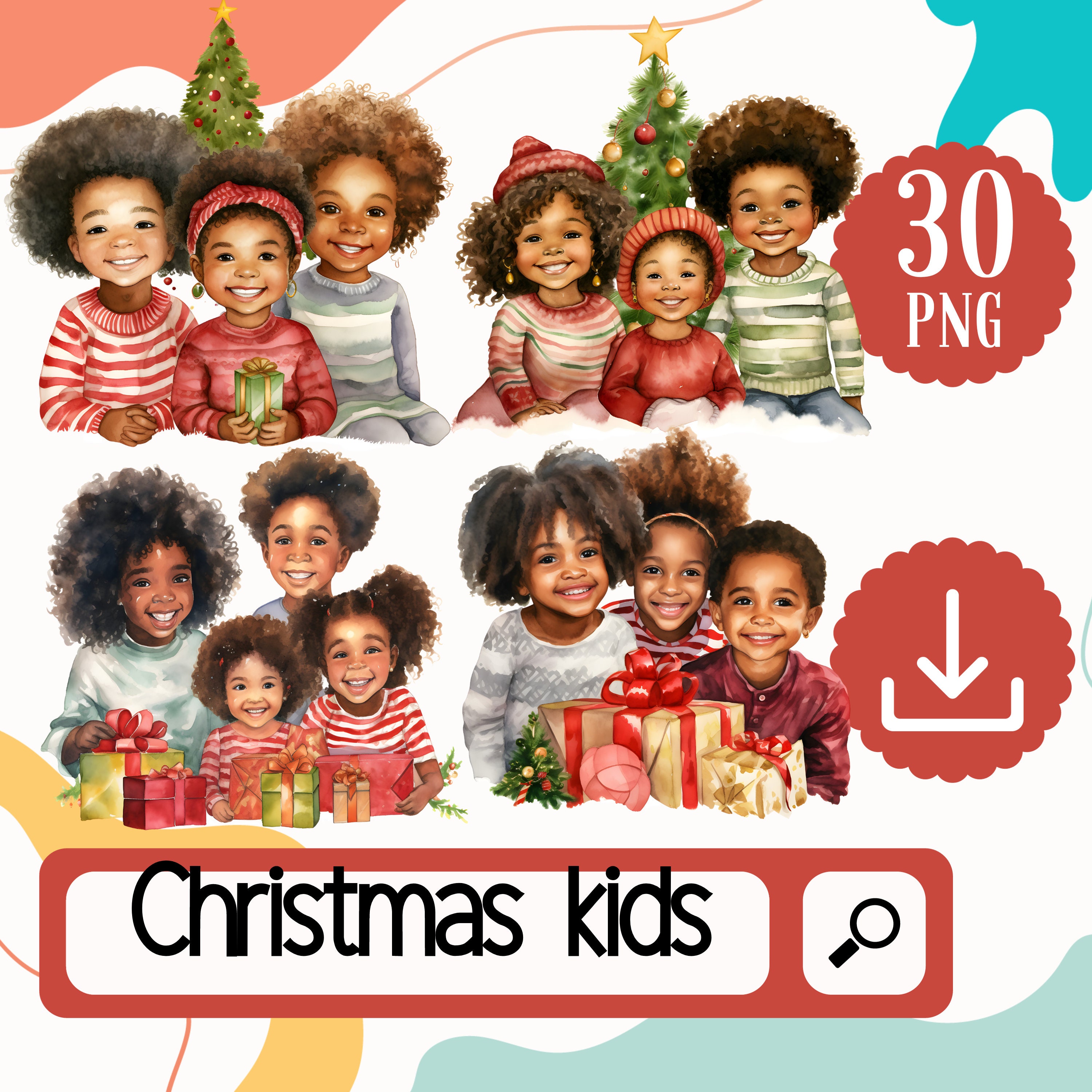 Watercolor Black Kids With Christmas Gifts PNG, 30 African American ...