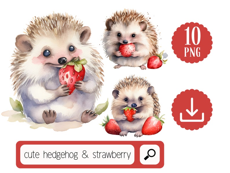Hedgehog Eating Strawberry Clipart PNG, 10 Watercolor Cute Hedgehog ...