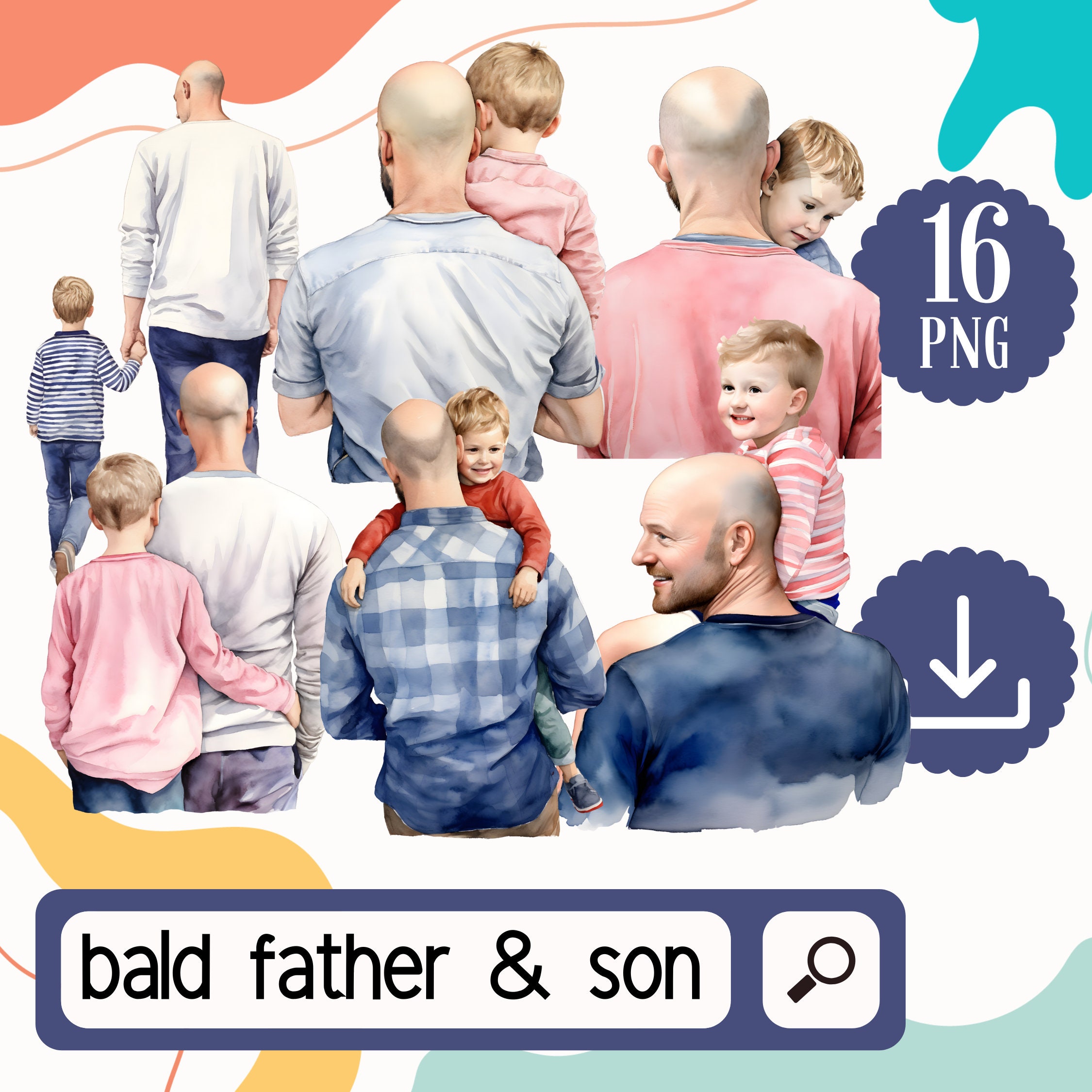 Bald Father and Son Clipart Bundle. 16 Dad and Boy PNG Clipart. Fathers ...