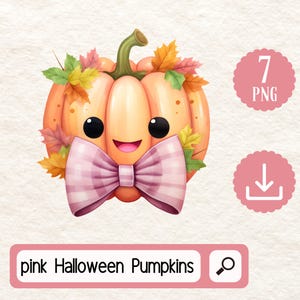 Cute Pink Halloween Pumpkins Clipart Set. 7 PNG Cute Halloween Pumpkin ...