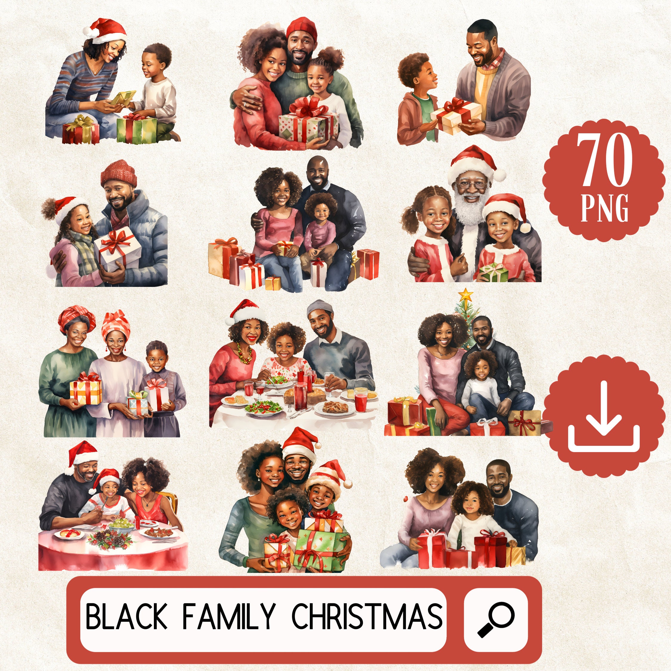 Watercolor Christmas Black Family PNG Clipart Set. 70 African American ...