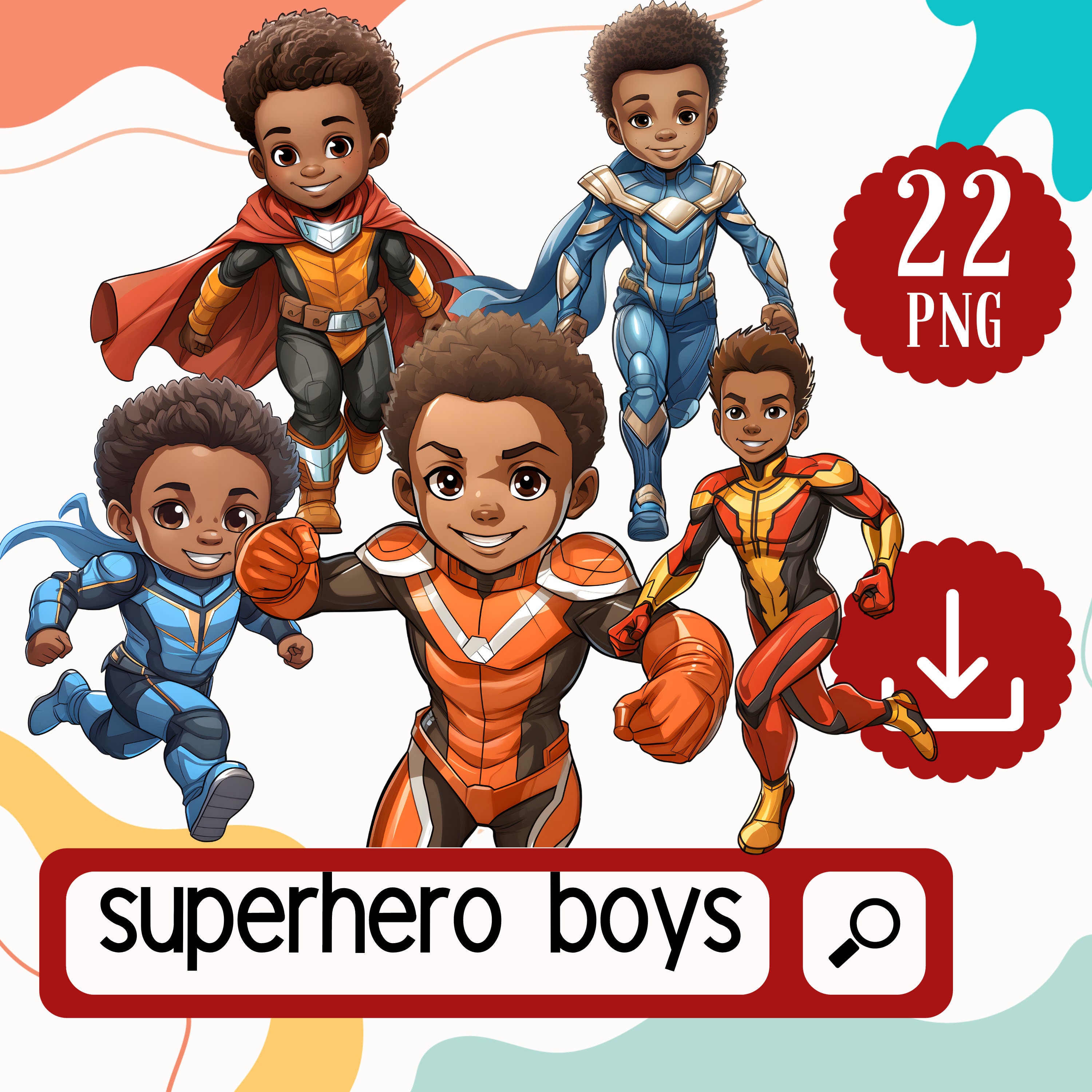 Black Boys Superhero Clipart Set. 22 African American Anime Action Hero ...