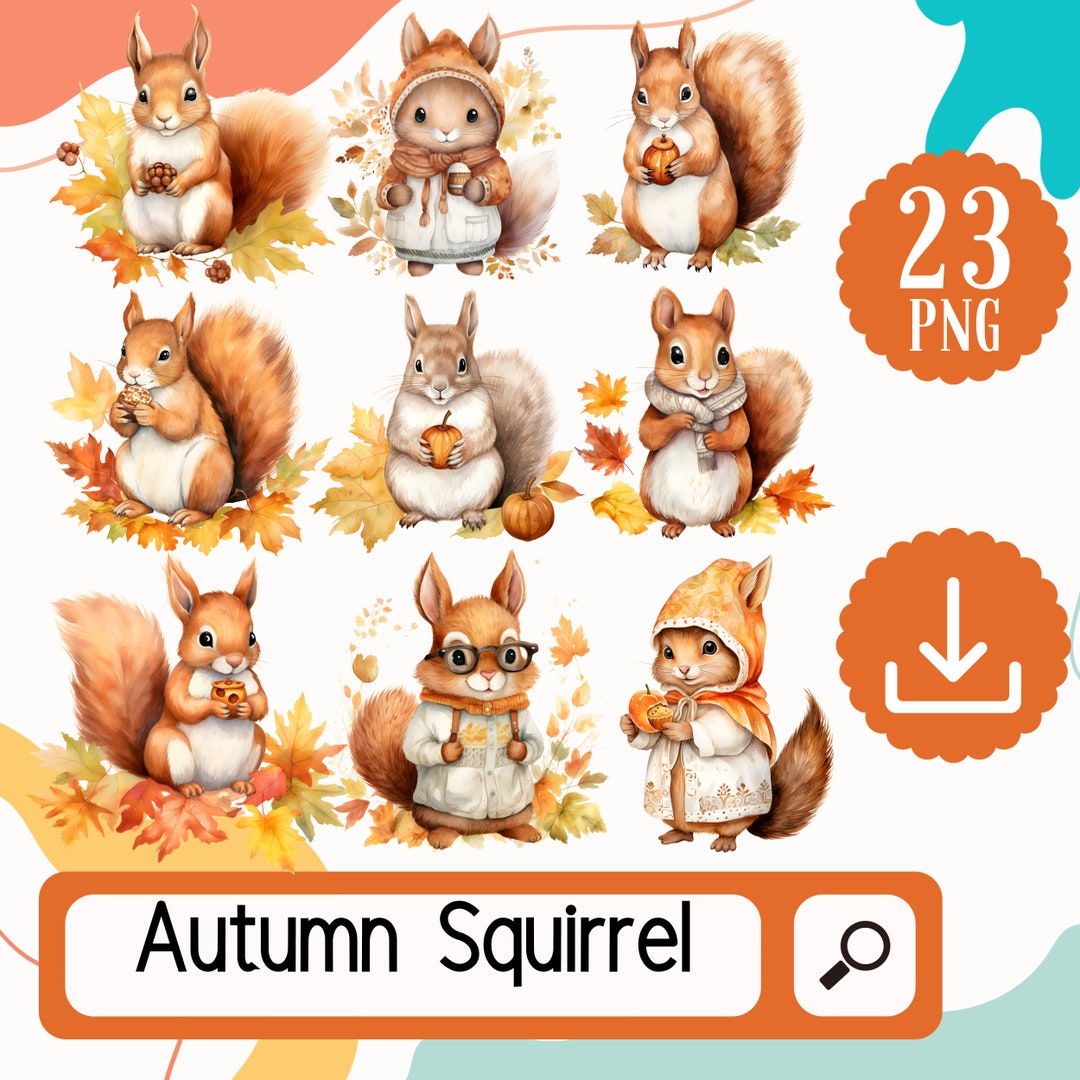 Autumn Squirrel Clipart. 23 Fall Cute Squirrel PNG Set, Scrapbook ...