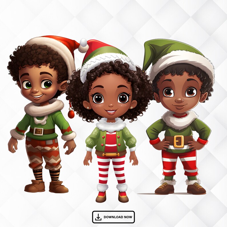Christmas Elf Black Kids Clipart. 27 PNG Adorable African American Boy ...