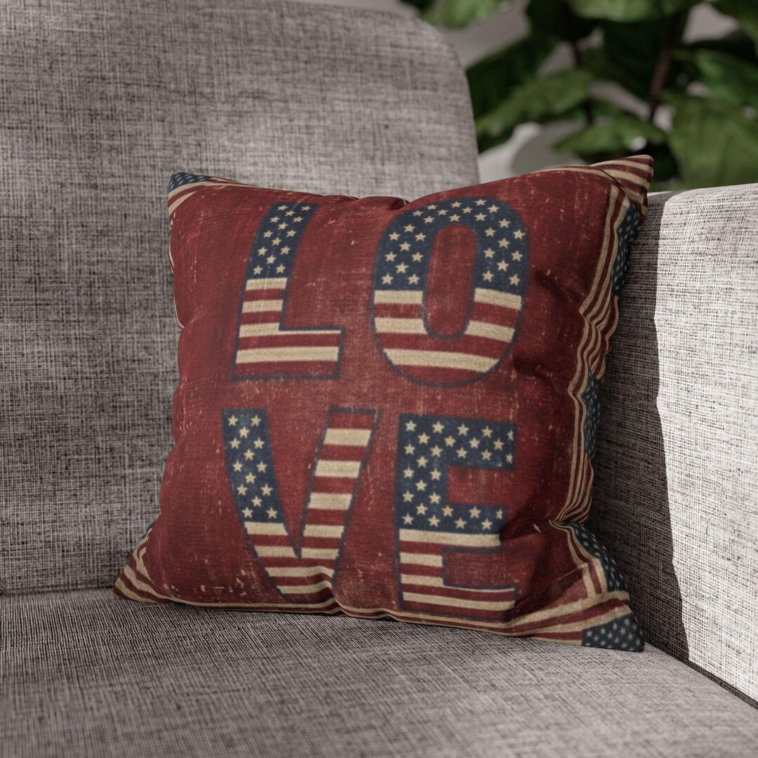 Vintage American Flag LOVE Pillowcase, Square Decorative Pillow Cover ...