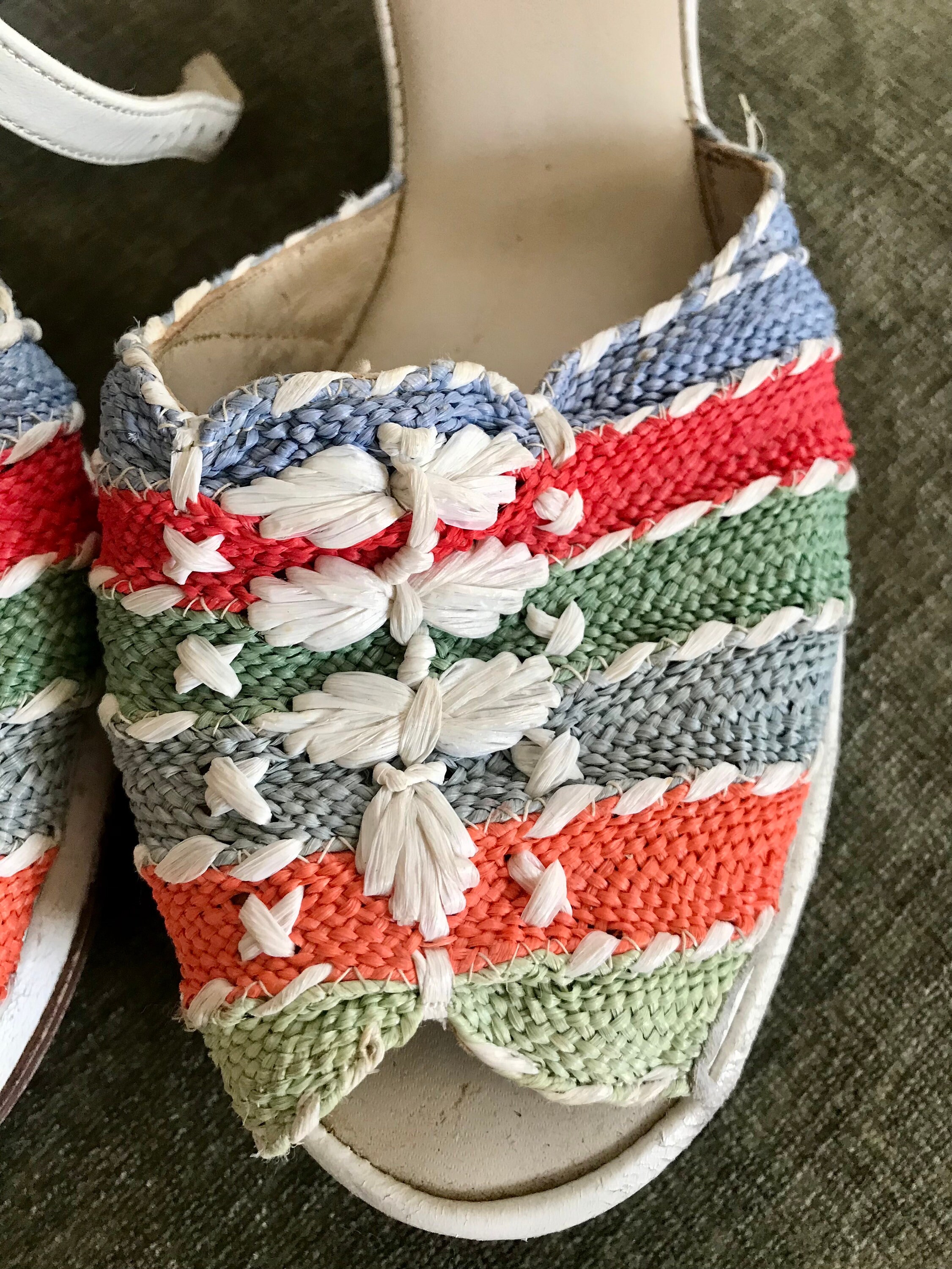CUTE Mid Century Raffia Straw Multi Colored Wedge Sandals - Etsy
