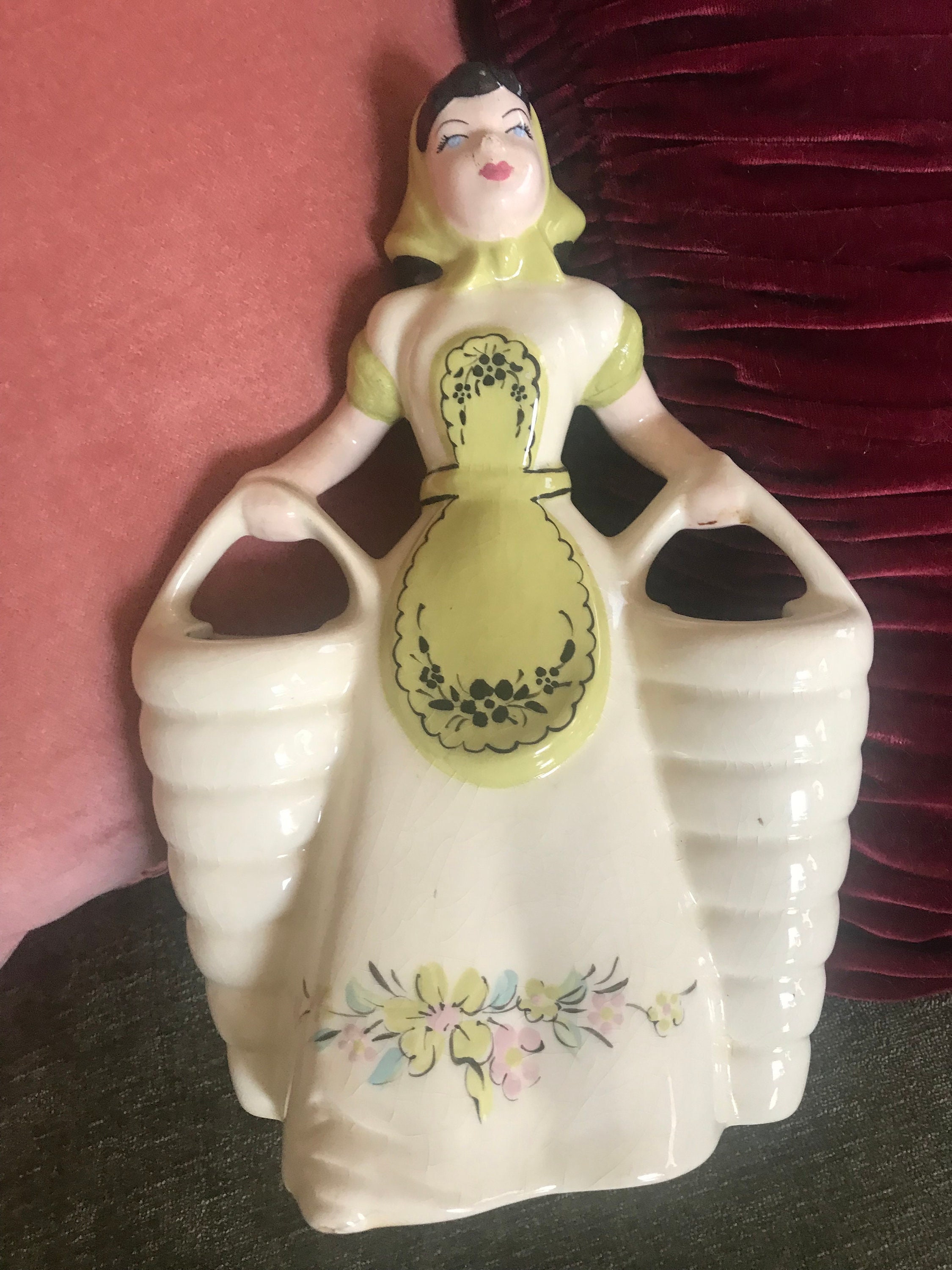 ADORABLE 1940's Weil Ware of California Lady With Baskets Chartreuse ...