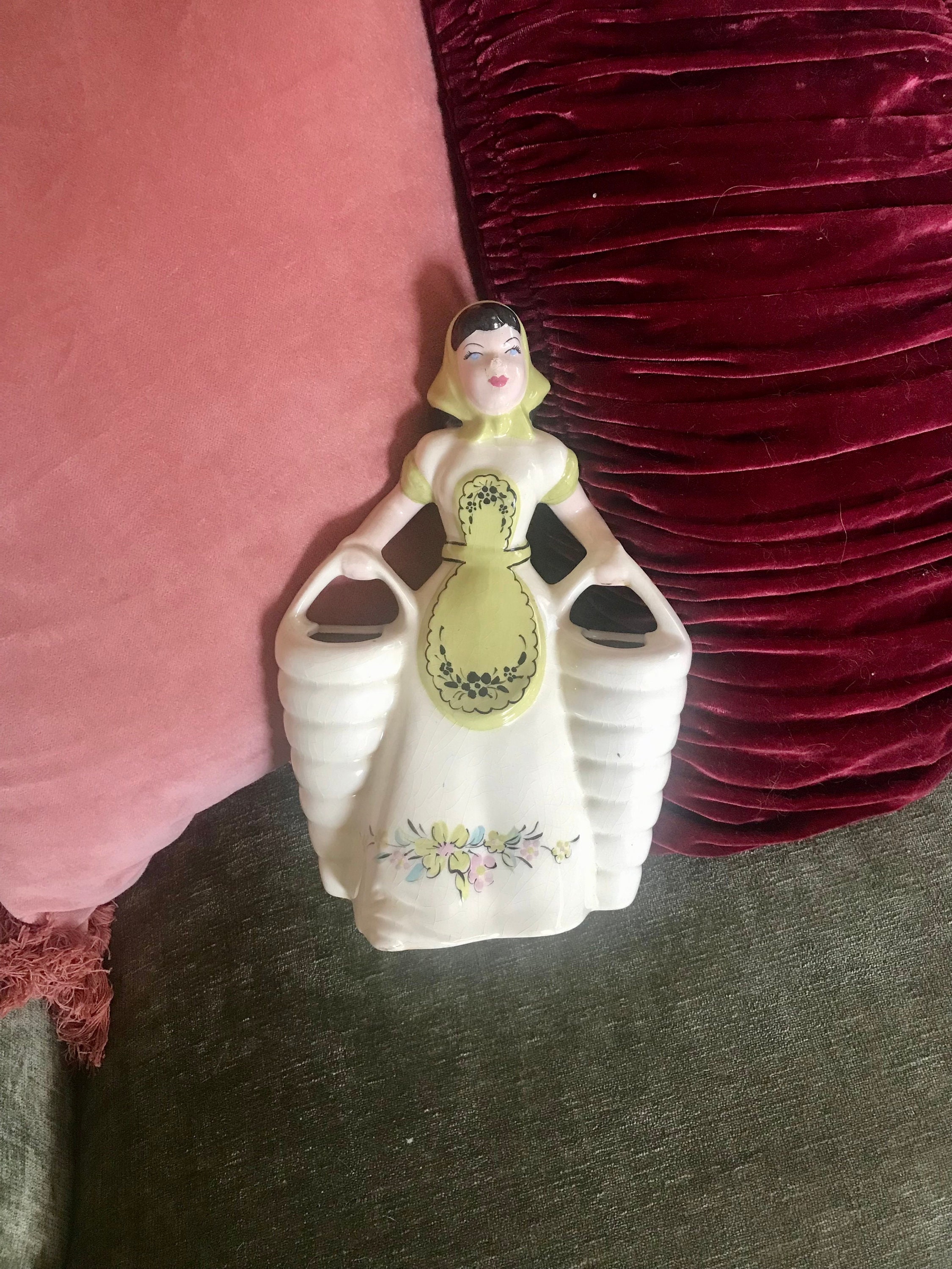 ADORABLE 1940's Weil Ware of California Lady With Baskets Chartreuse ...