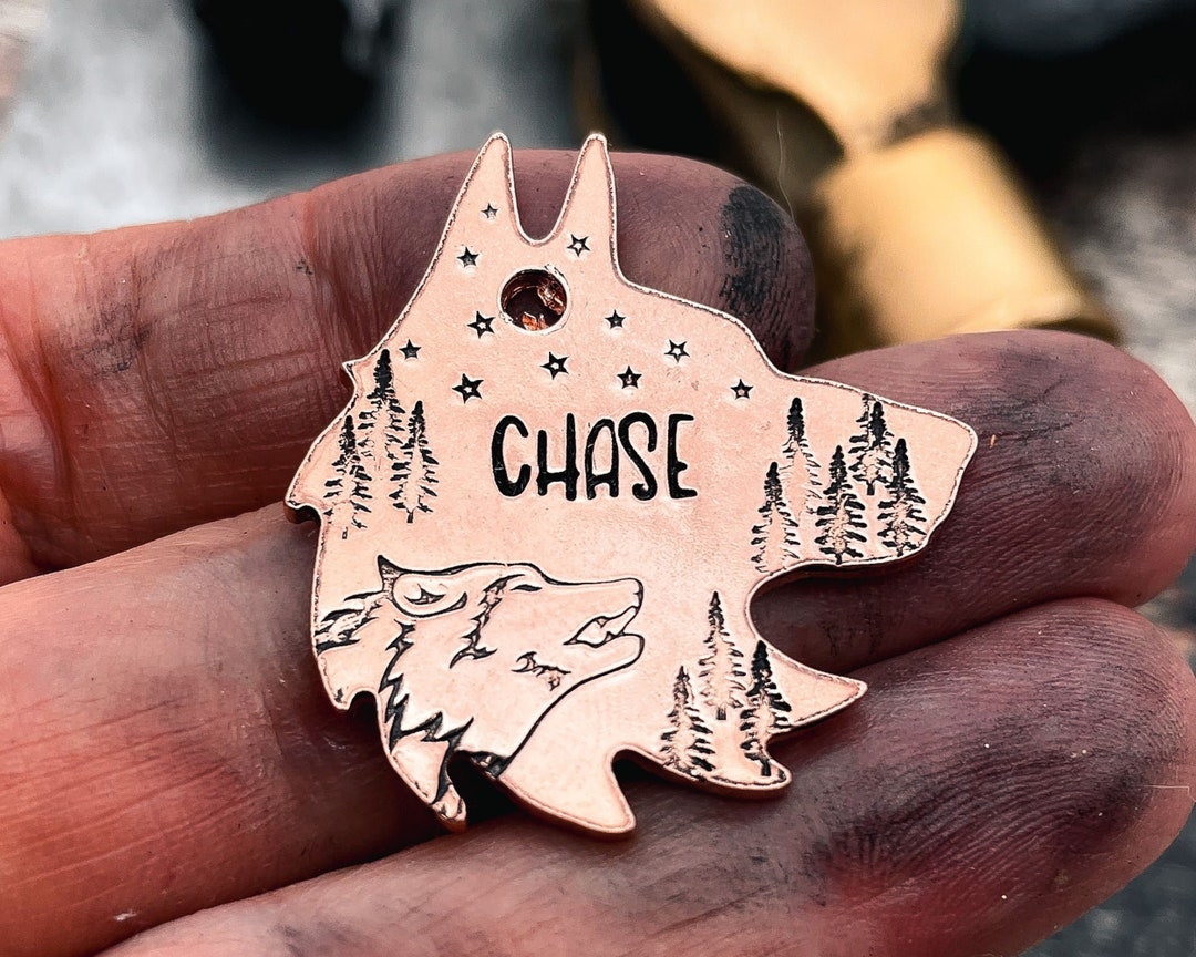 Wolf Dog Tag, Rose Gold Dog Tag, Hand-stamped Dog Id Tag With 2 Phone ...