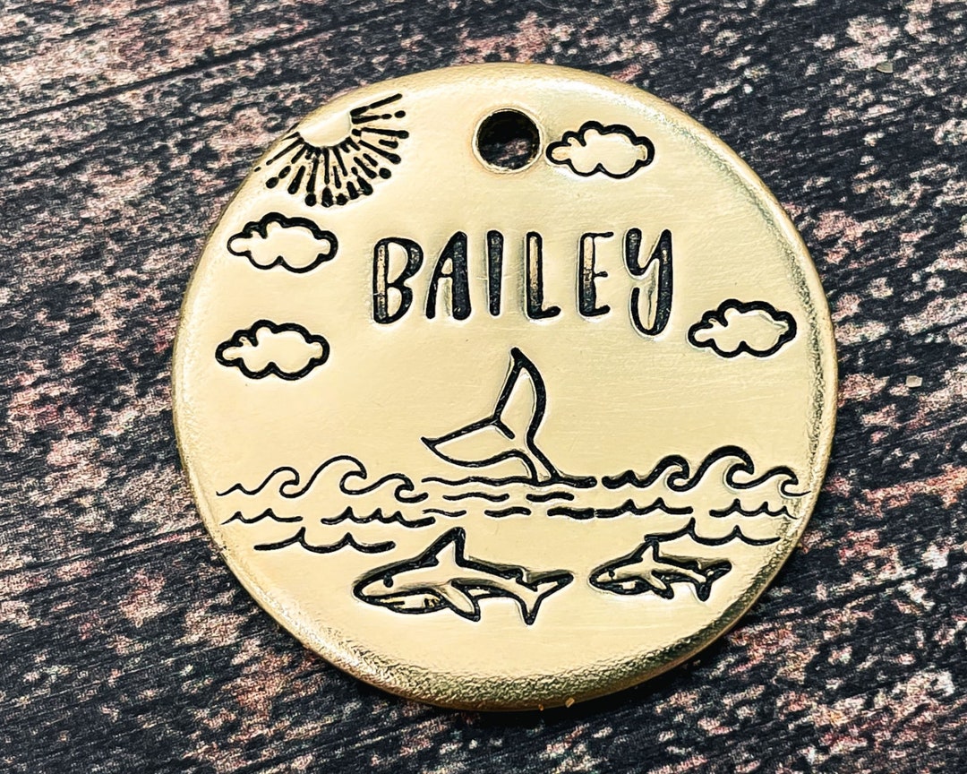 Ocean Dog Tag, Metal Pet Tag Sharks & Whale Design, Hand Stamped Double ...