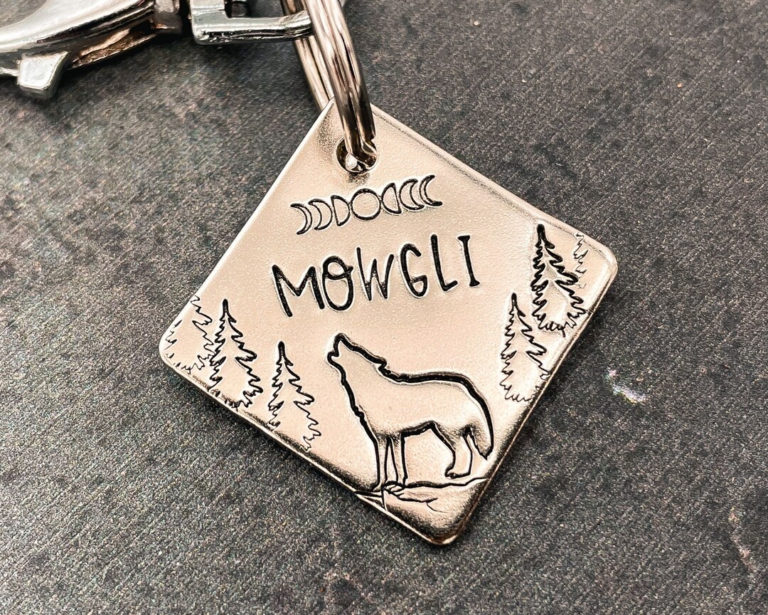 Square Dog Name Tag With Howling Wolf, Hand-stamped Small Metal Pet Tag ...