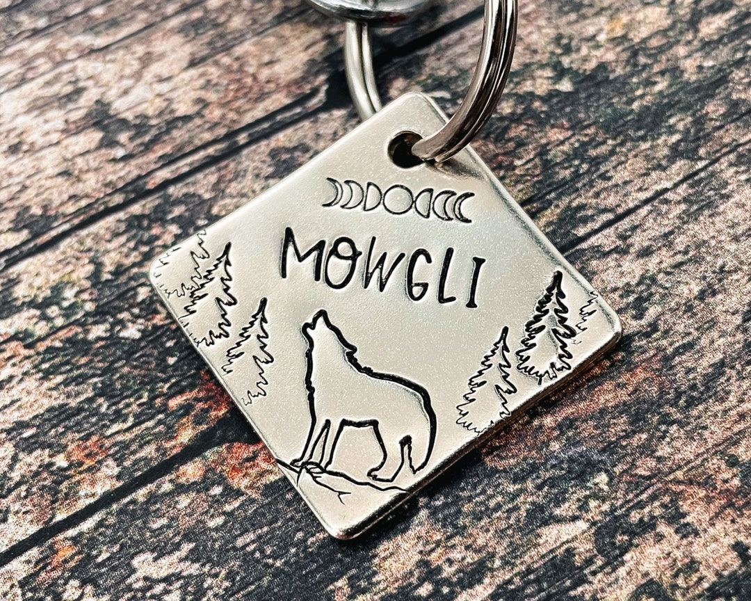 Square Engraved Dog Name Tag With Howling Wolf Hand-stamped Small Metal ...