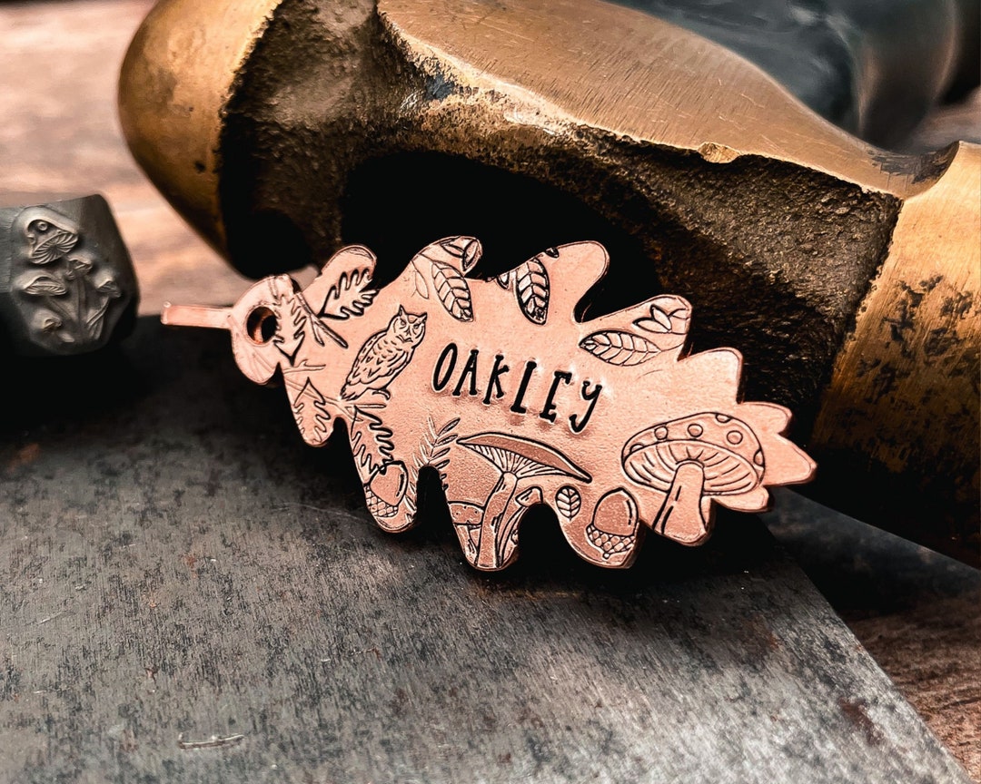 Engraved Oak Leaf Dog Tag: Custom Pet ID With Owl and Forest Design - Etsy