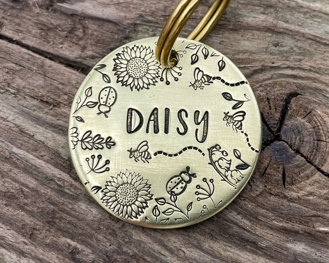 Cute Girl Dog Tag Hand Stamped Dog Tag With Flowers and Bees Double ...