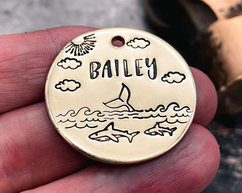 Ocean Dog Tag Metal Pet Tag Sharks & Whale Design Hand - Etsy