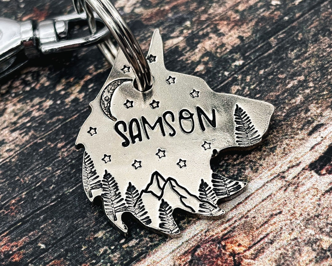 Wolf Dog Tag Engraved Dog Tag for Dogs Personalized Hand-stamped Id Pet ...