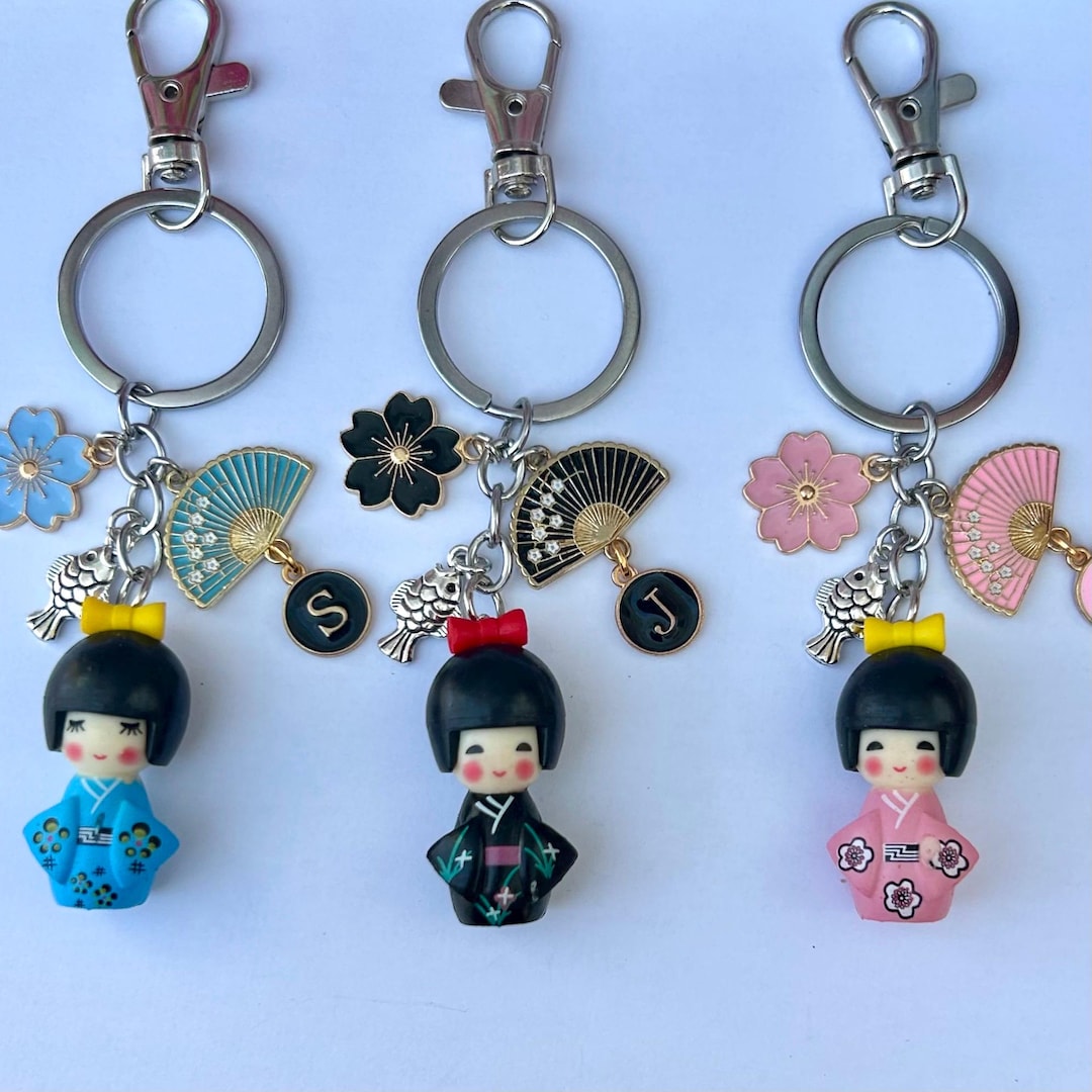 Japanese Sakura Kokeshi Keychain, Initial Letter Custom Bag Decor Gift ...