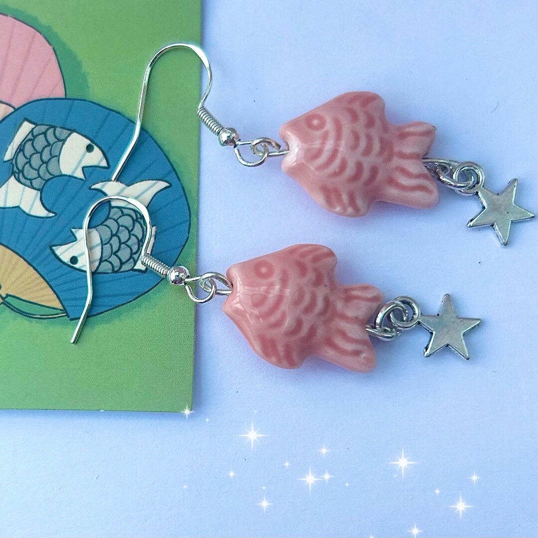 Cute Kawaii Japanese Koi Fish Fan Star Earrings, Lucky Pink Carp Bead ...