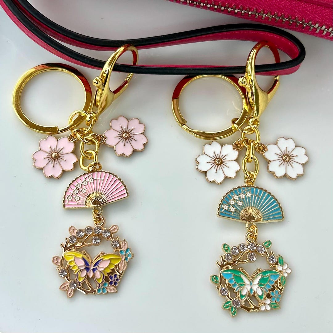 Sakura Pink Fan Butterfly Keychain: Japanese Cherry Blossom Keyring ...