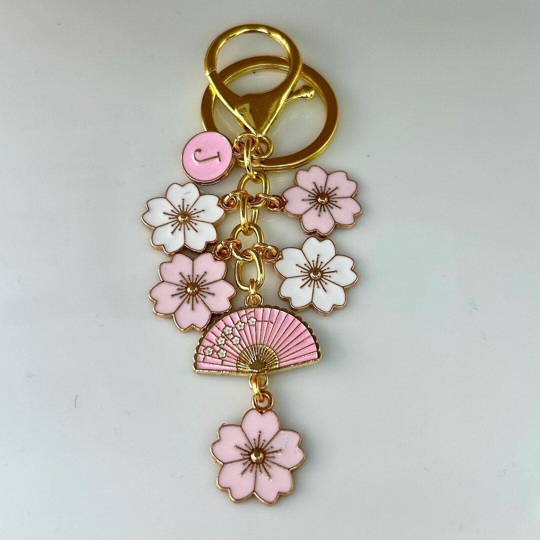 Kawaii Keychain, Japanese Pink Fan Keyring, Sakura Cherry Blossom ...