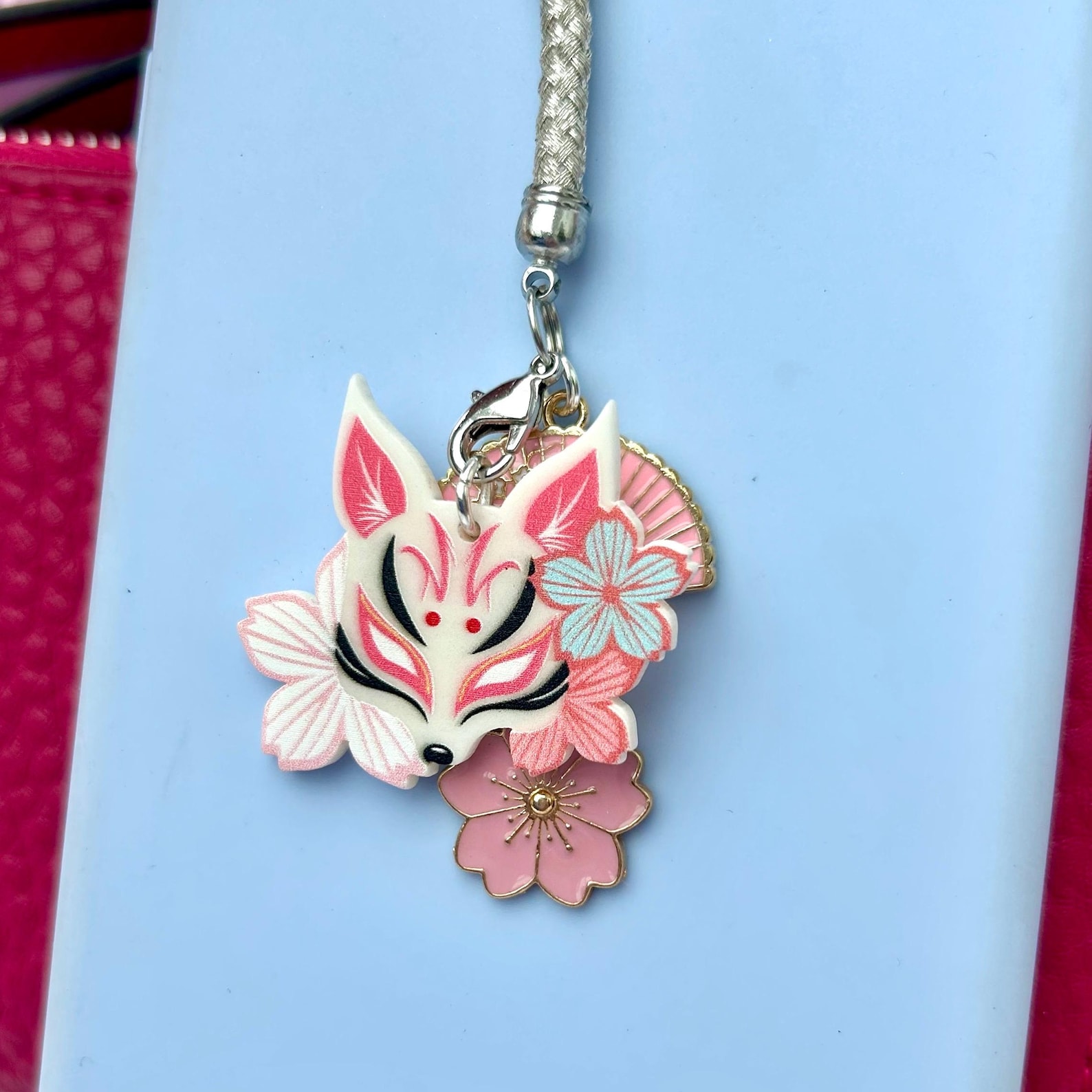 Japanese Kitsune Fox Spirit Phone Rope Charm, Cherry Blossom Fan ...