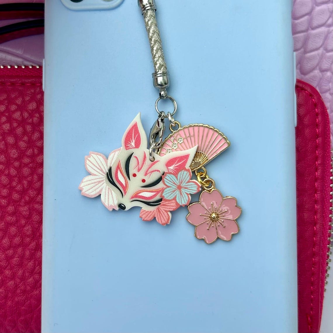 Japanese Kitsune Fox Spirit Phone Rope Charm, Cherry Blossom Fan ...