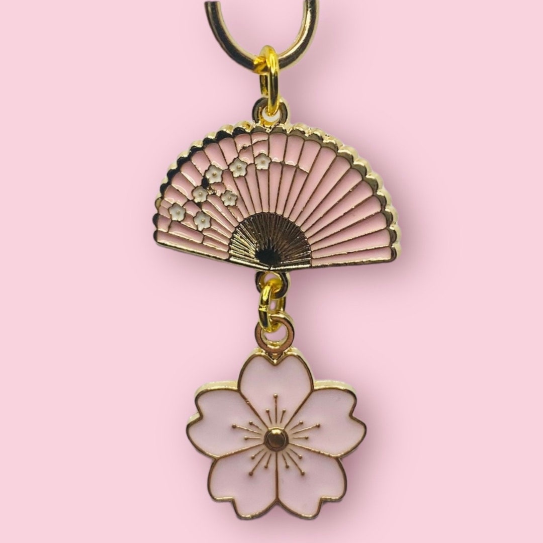 Sakura Fan Phone Charm: Pink Cherry Blossom Enamel Keyring - Etsy