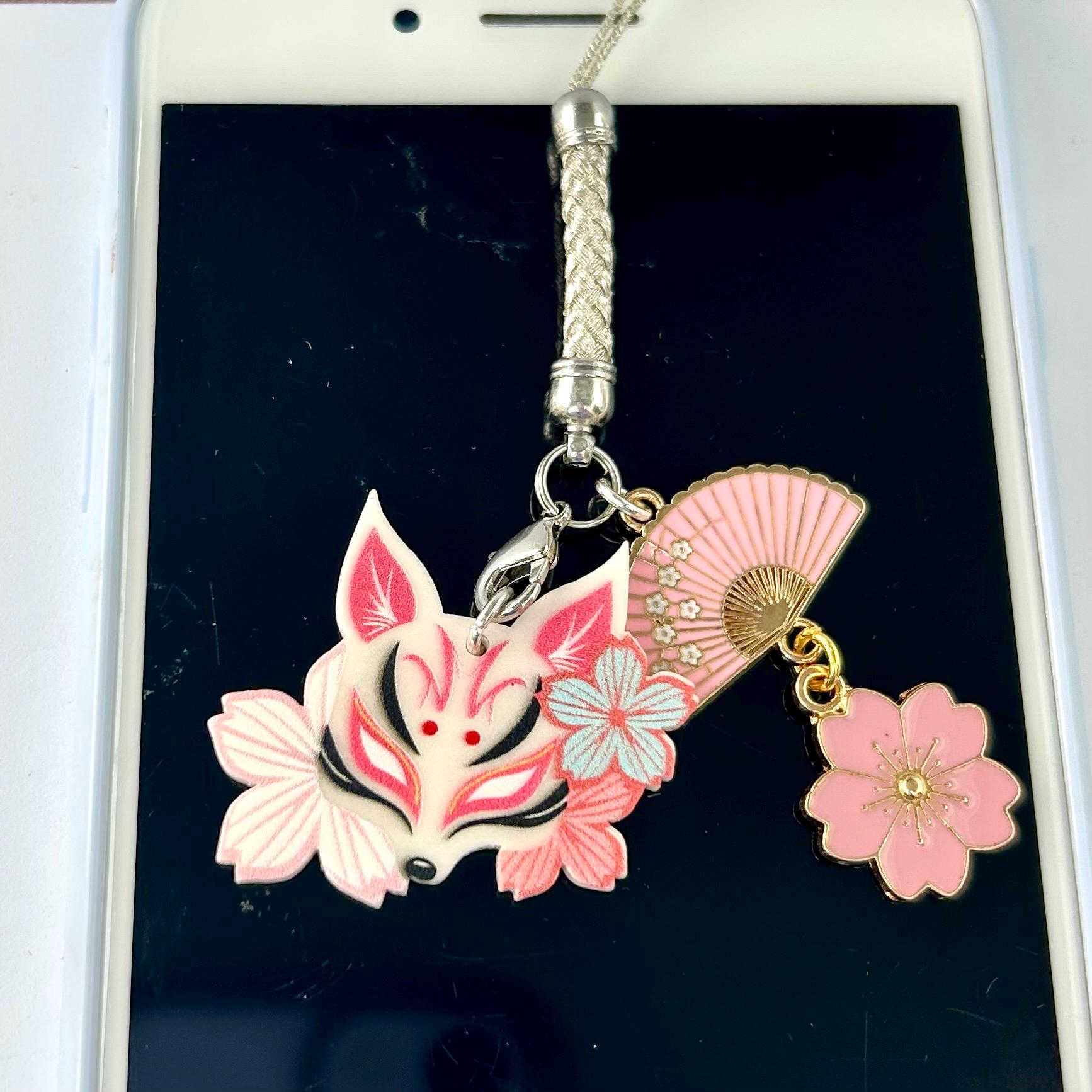 Japanese Kitsune Fox Spirit Phone Rope Charm, Cherry Blossom Fan ...