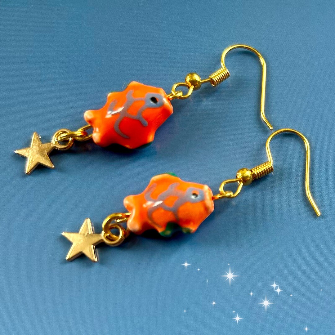 Cute Kawaii Japanese Koi Goldfish Star Earrings, Lucky Carp Bead ...
