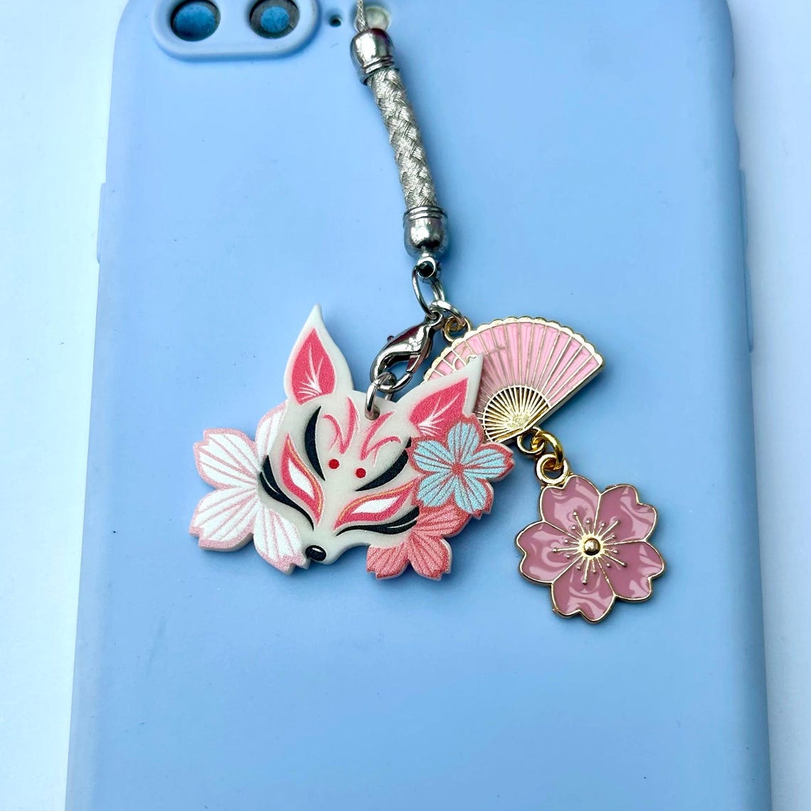 Japanese Kitsune Fox Spirit Phone Rope Charm, Cherry Blossom Fan ...