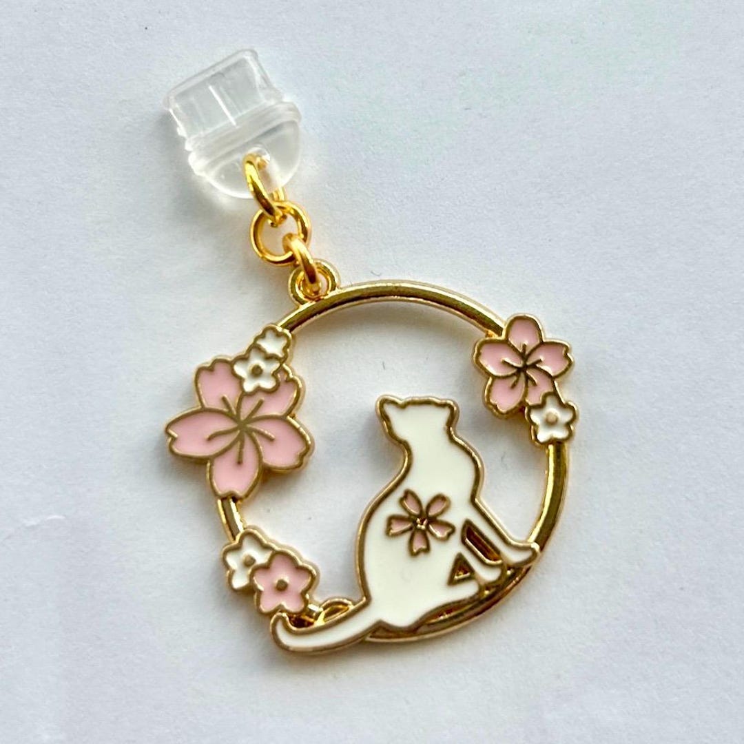 Sakura Moon Cat Dust Plug, Feline Cherry Blossom Phone Charm, Cosmic ...